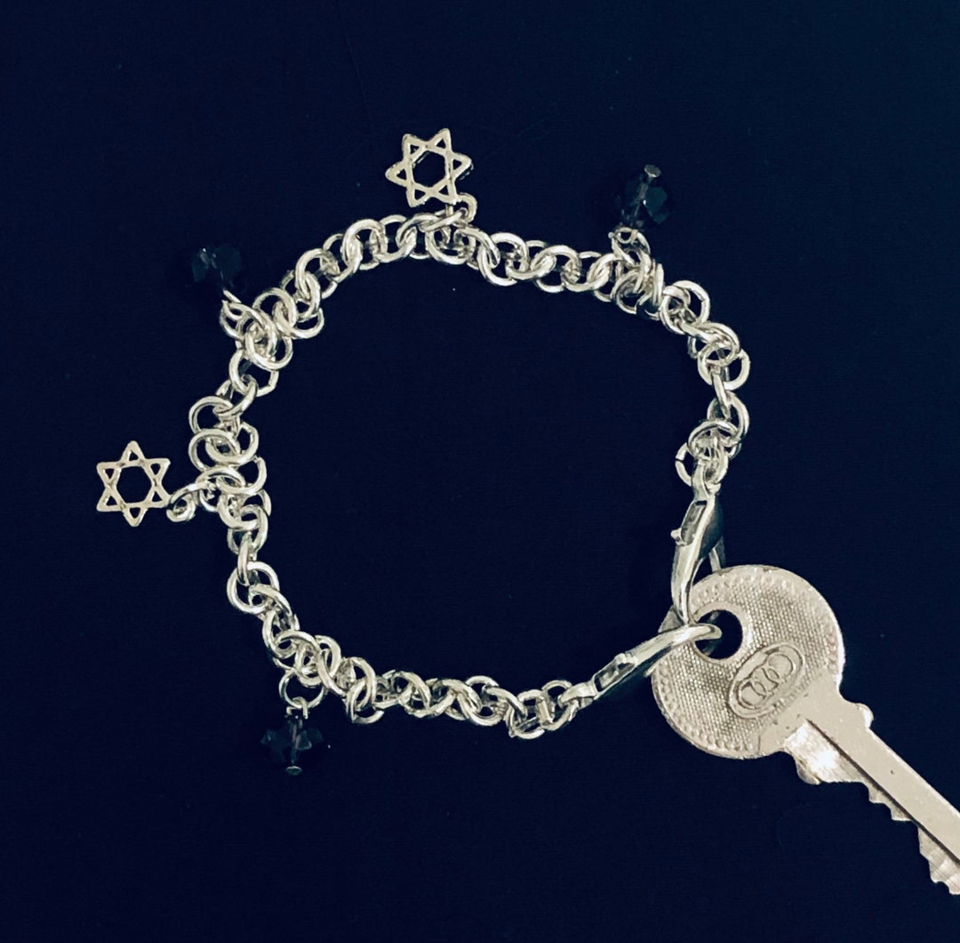 Silver Plated Key Bracelet With Star of David Charms and Coloured Drops ...