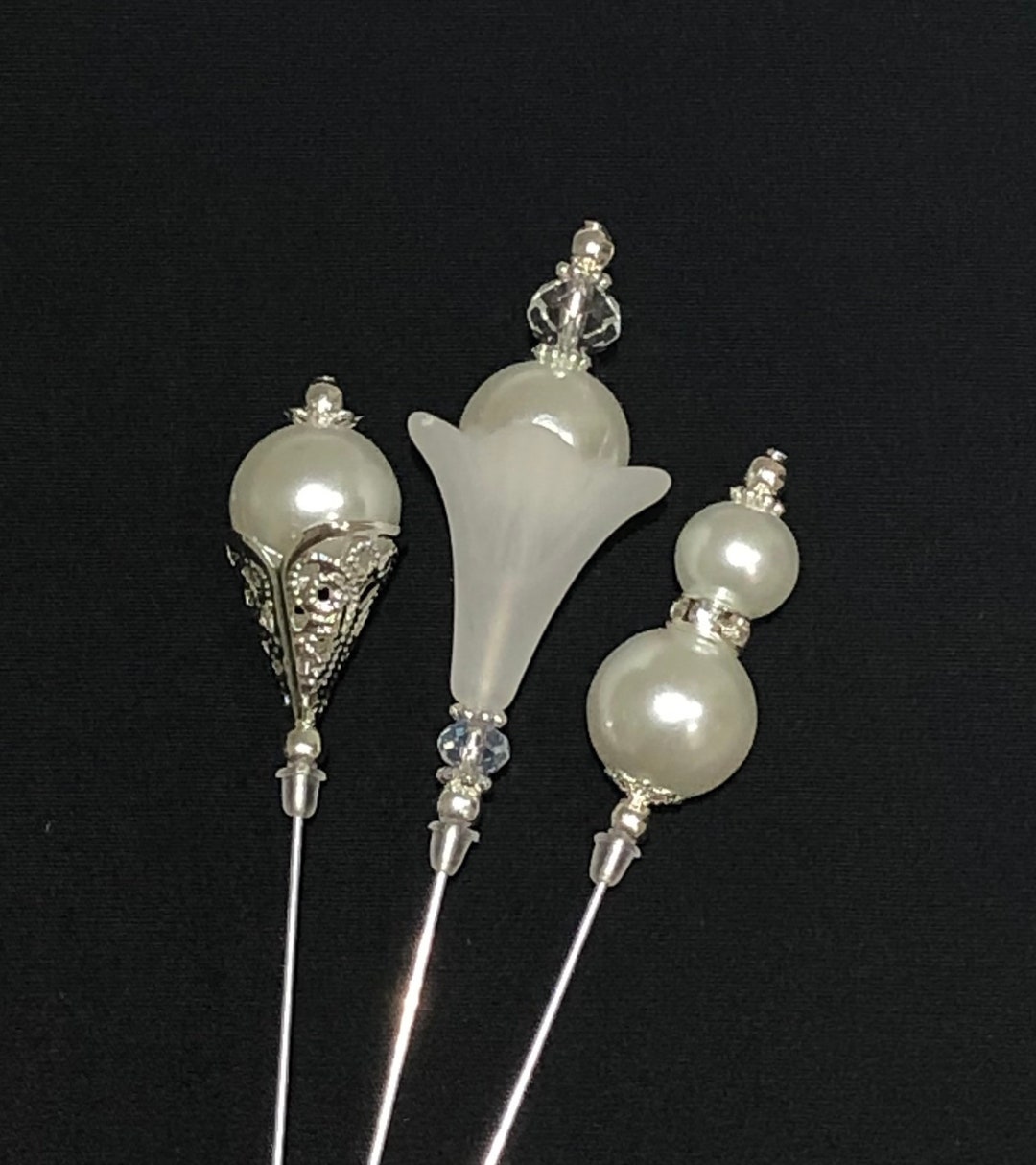 Long Silver Hat or Lapel Pins With Flowers, Pearls and Rhinestones: 3 ...