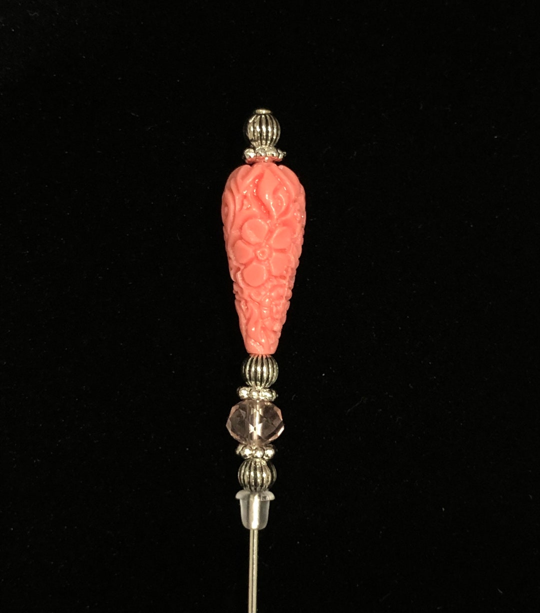 Carved Coral and Crystal Silver Hat Pins: 15cm Long - Etsy