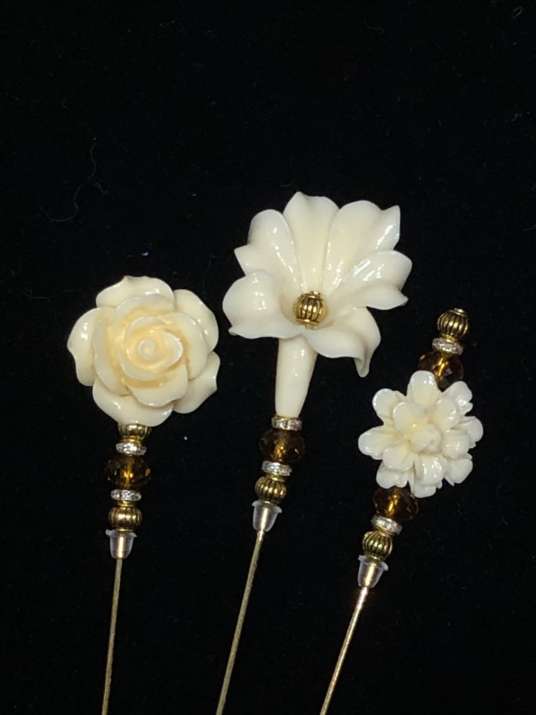 Ivory and Gold Flower Hat Pins/lapel Pins /hijab Pins: A Selection of 3 ...