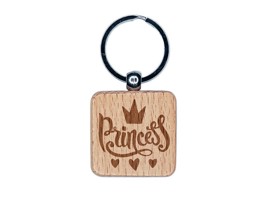 Princess Cursive With Crown and Hearts Engraved Wood Square Keychain ...