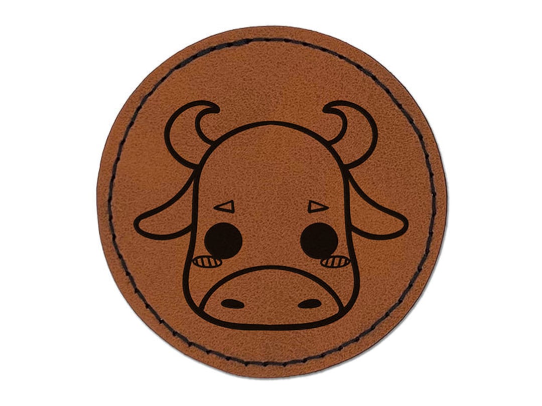 Charming Kawaii Chibi Bull Face Blushing Cheeks Round Iron-on Engraved Faux Leather Patch ...