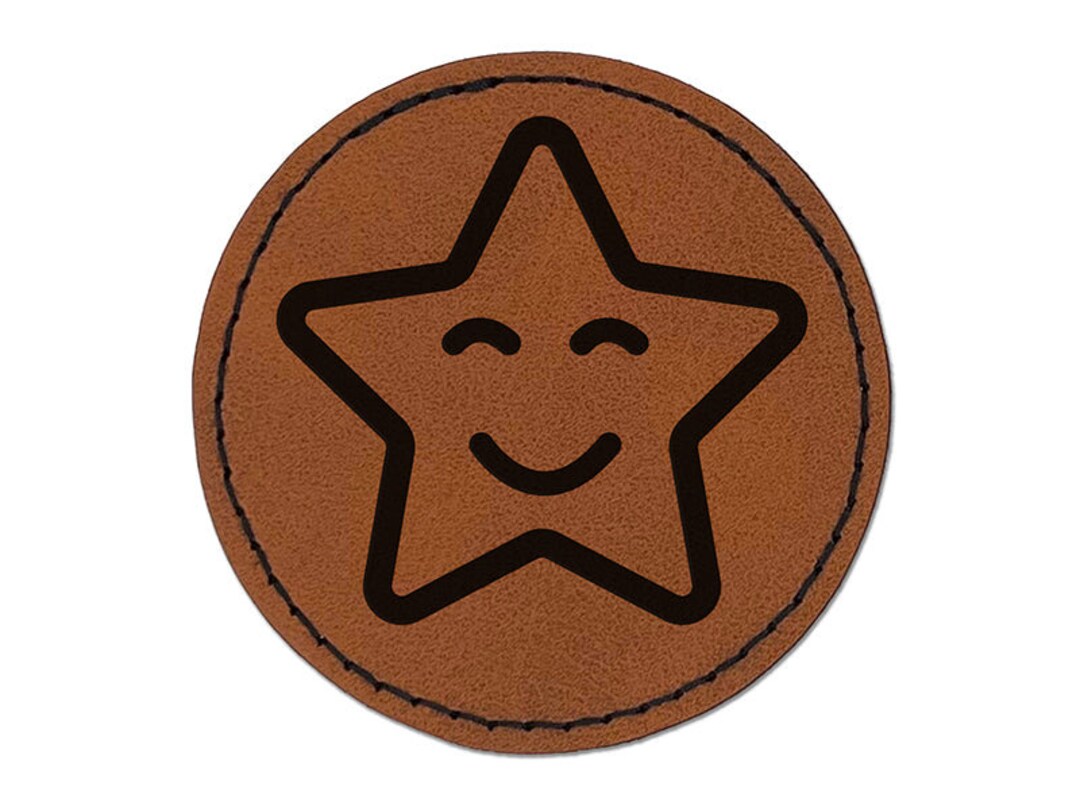Star Happy Face Emoticon Round Iron-on Engraved Faux Leather Patch ...