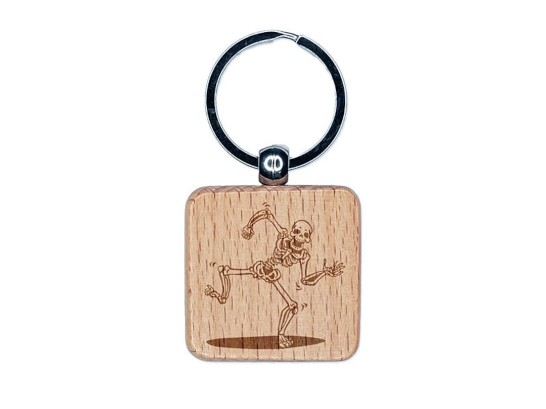 Happy Spooky Dancing Skeleton Bones Engraved Wood Square Keychain Tag ...