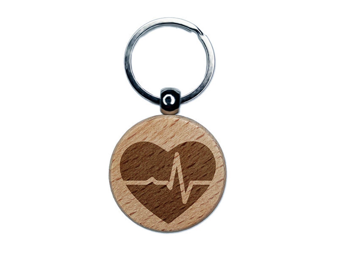EKG Pulse Heart Beat Engraved Wood Round Keychain Tag Charm - Etsy