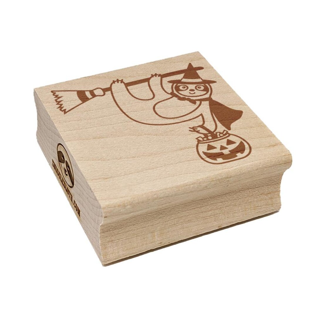 Halloween Sloth Witch and Broom Square Rubber Stamp for - Etsy