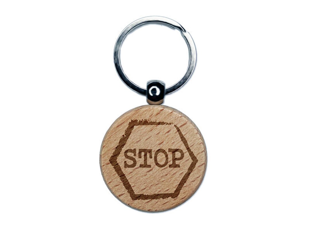 Stop Sign Sketch Engraved Wood Round Keychain Tag Charm - Etsy