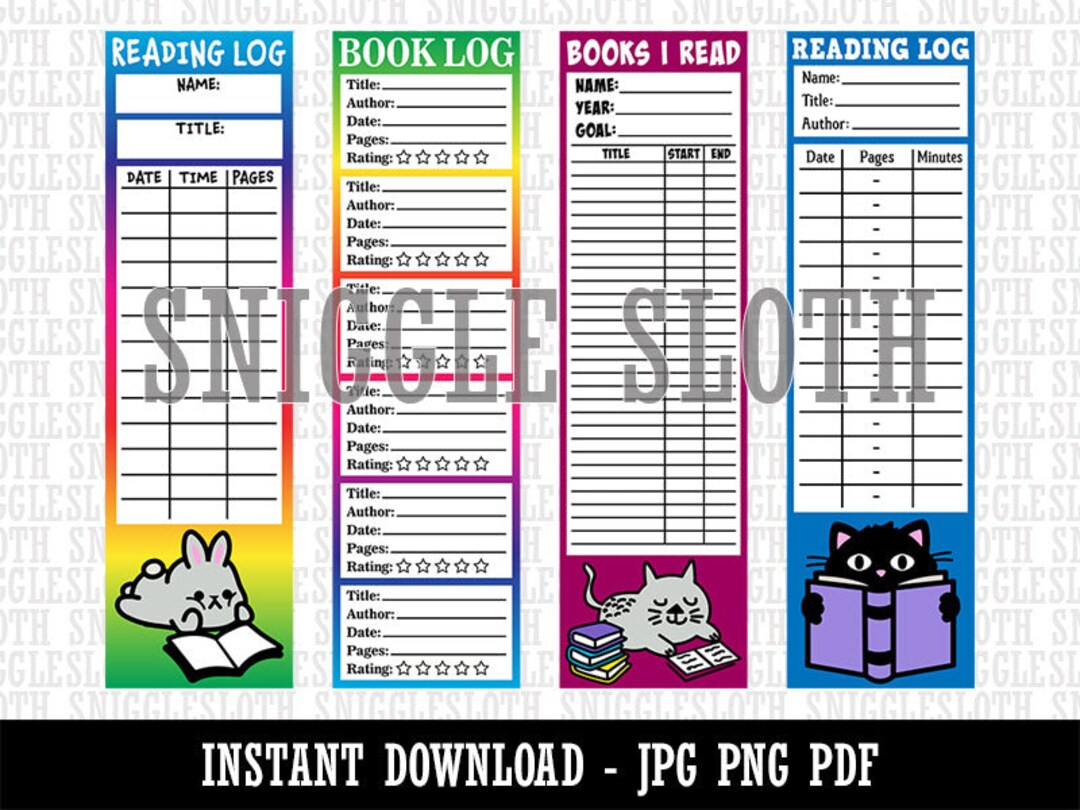 Reading Log Cat Rabbit Bookmarks Instant Digital Download Print ...