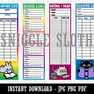 Reading Log Cat Rabbit Bookmarks Instant Digital Download Print ...