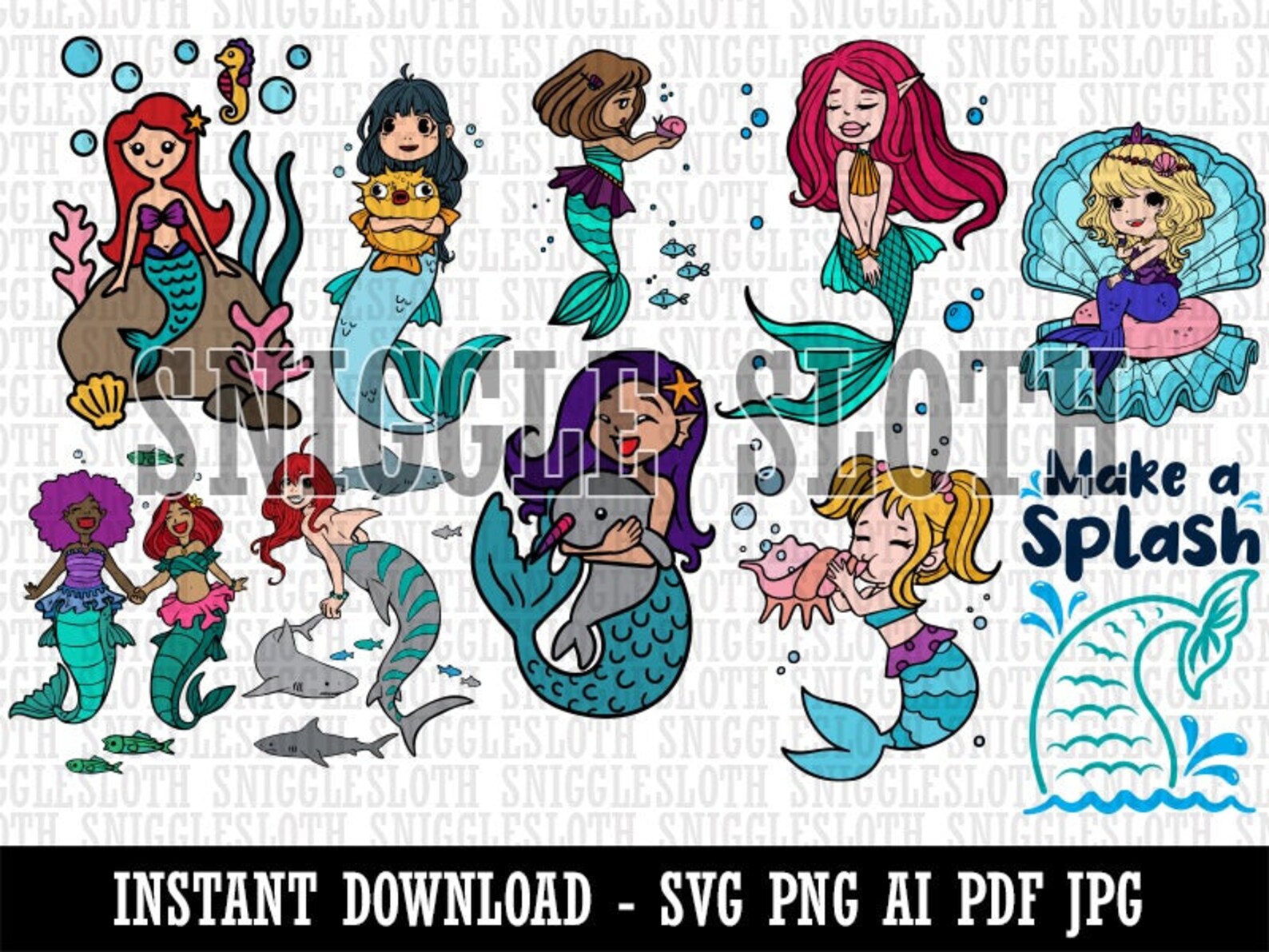 Cute and Funny Mermaids Clipart Set Instant Digital Download - Etsy