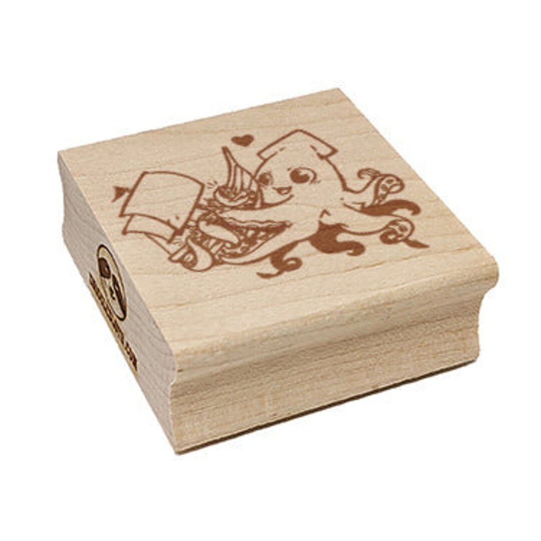 Adorable Sweet Kraken Squid Sea Monster Hug Ship Square Rubber Stamp ...