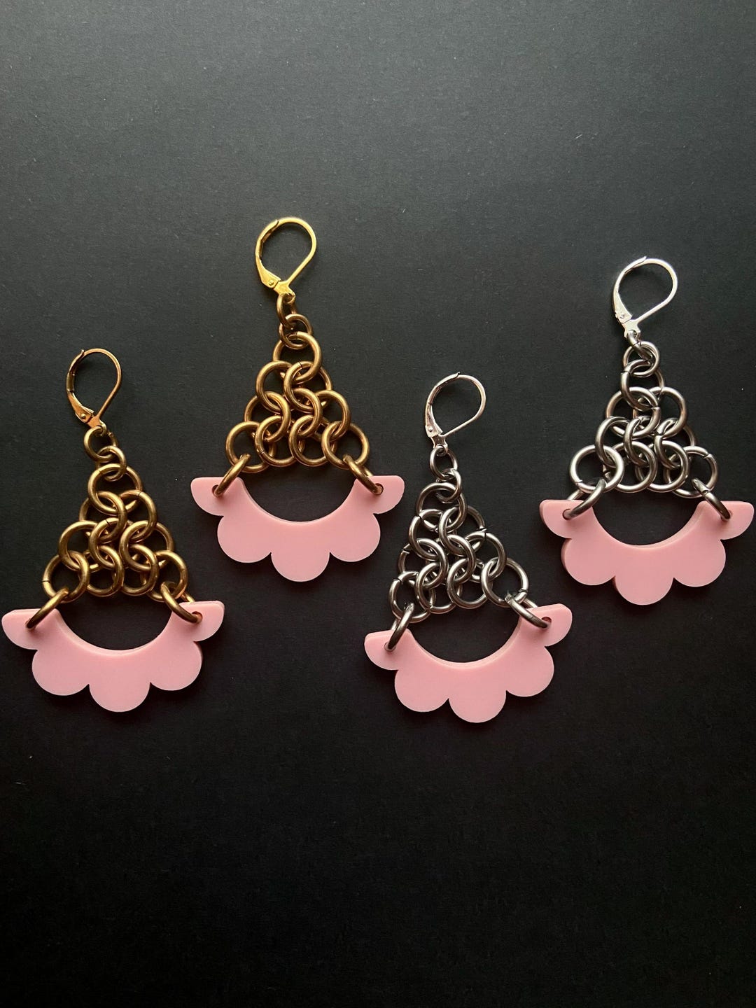 1960s Mod Pink Acrylic Flower & Chainmail Earrings - Etsy