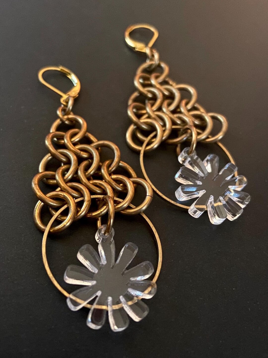 Clear Acrylic Flower & Chainmail Earrings - Etsy