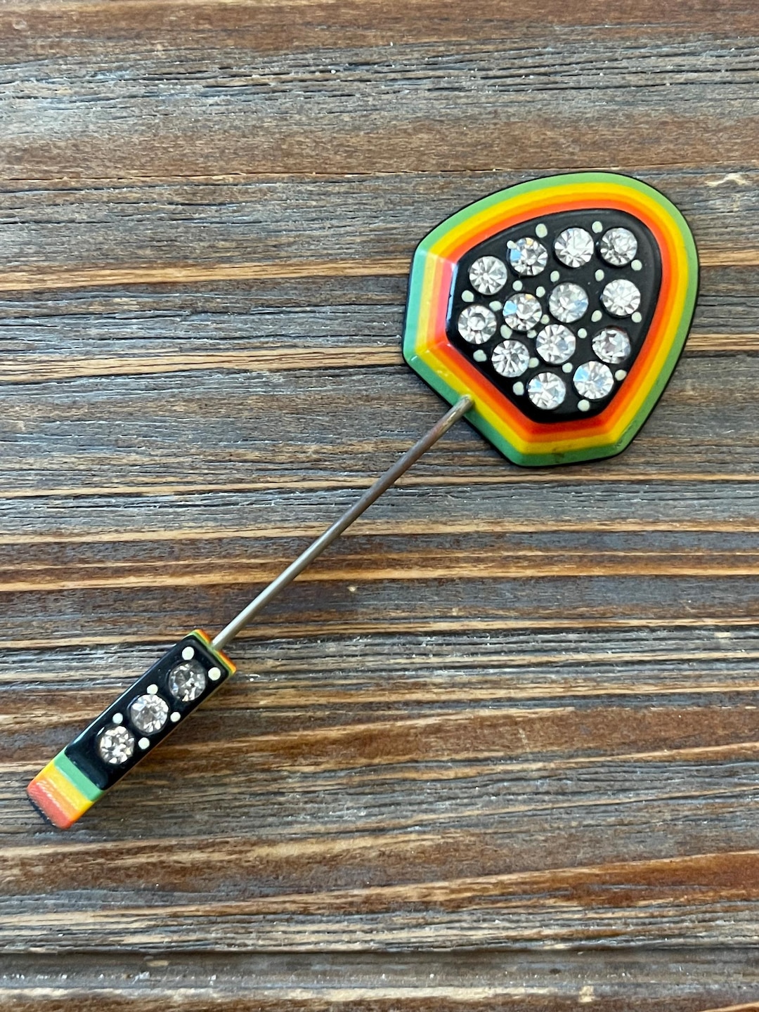 Antique Multi Colored Bakelite Stick Pin With Rhinestones; Layered ...