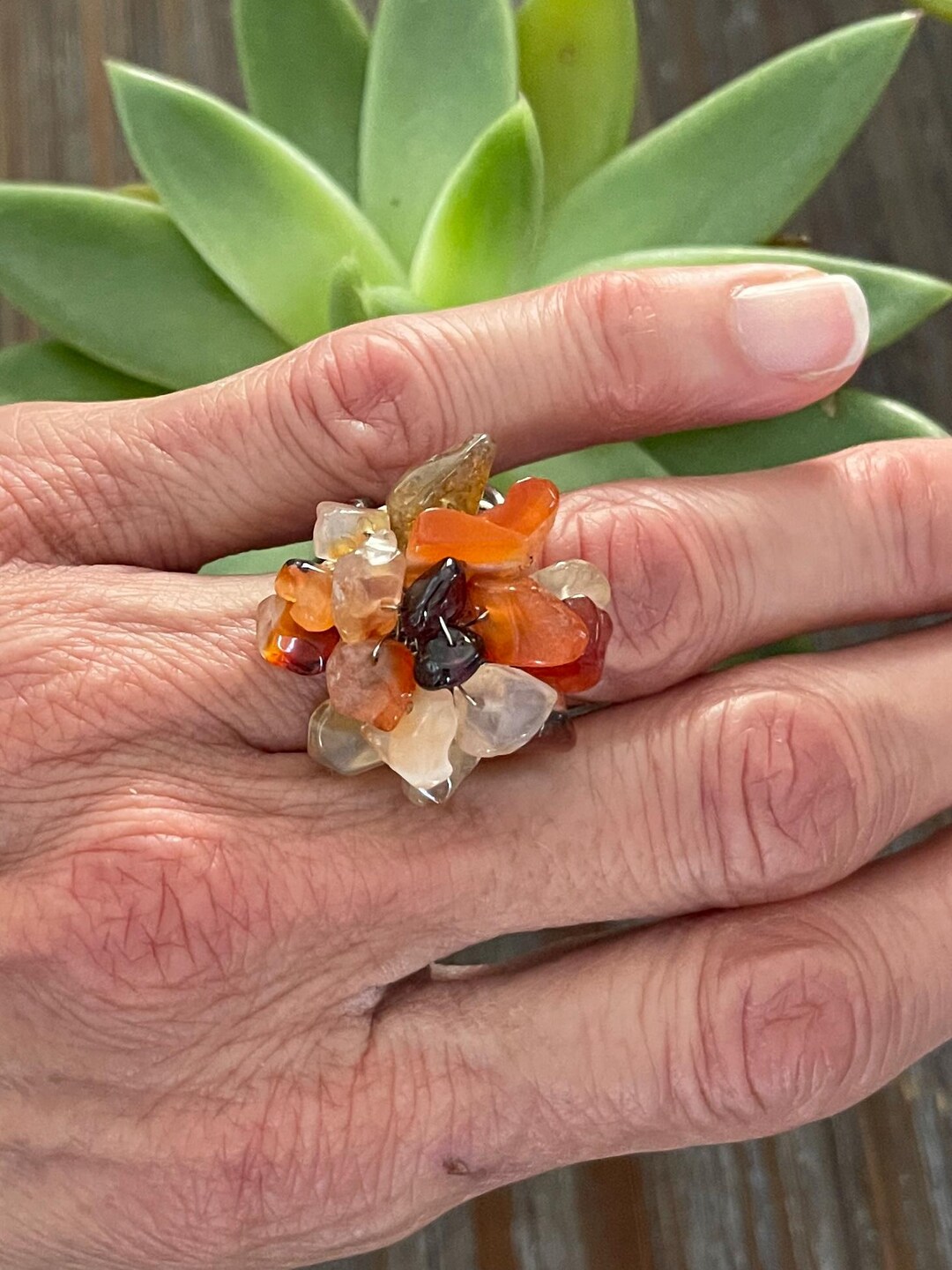 Vintage Gemstone Flower Ring: Wire Wrapped Quartz, Carnelian & Agate - Etsy