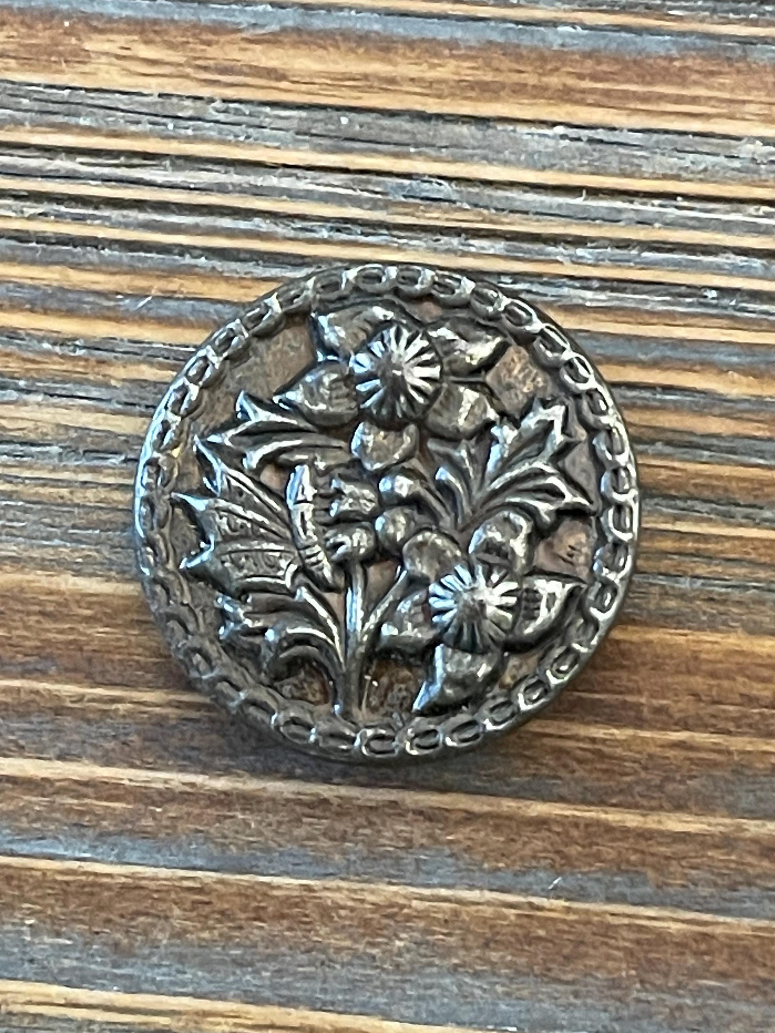 Vintage Pressed Brass Button; Flowers With Butterfly; Tinted Metal ...