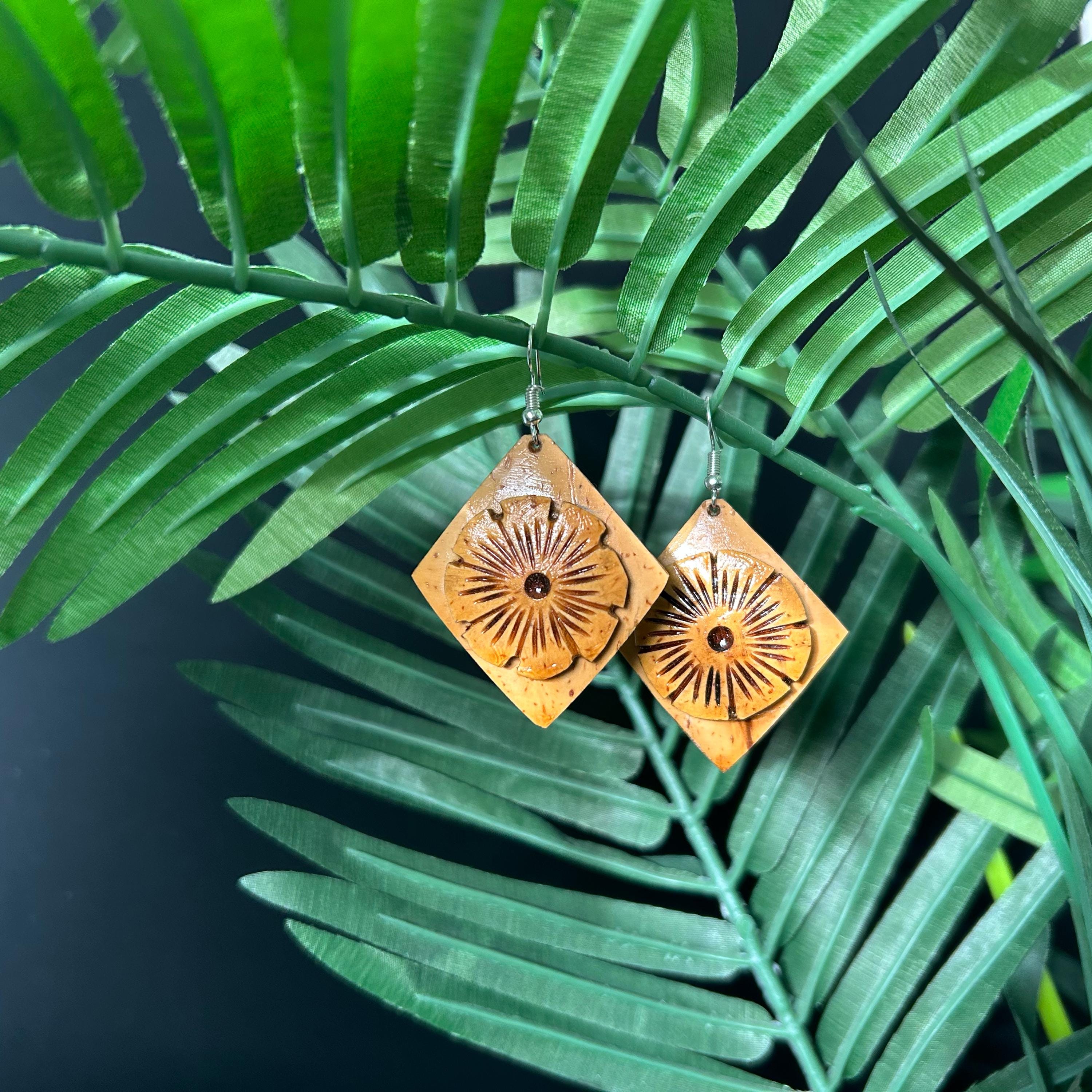Micronesian Earrings - Coconut Shell Hibiscus Pendants - Marshallese ...