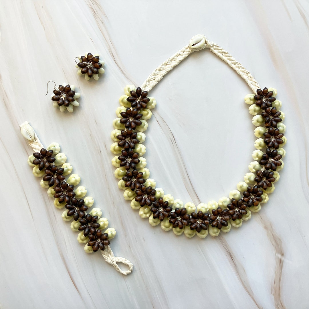 Micronesian Jewelry Set Dark Alu Shell Flowers Marshallese Handmade ...