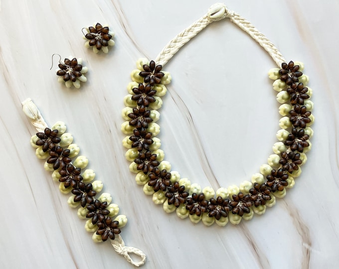 Micronesian Jewelry Set - Dark Alu Shell Flowers - Marshallese Handmade ...