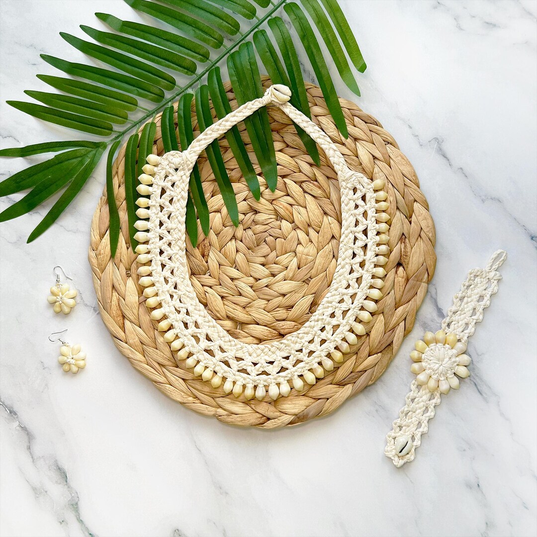 Handwoven Golden Seashell Jewelry Set: Micronesian Necklace, Bracelet ...