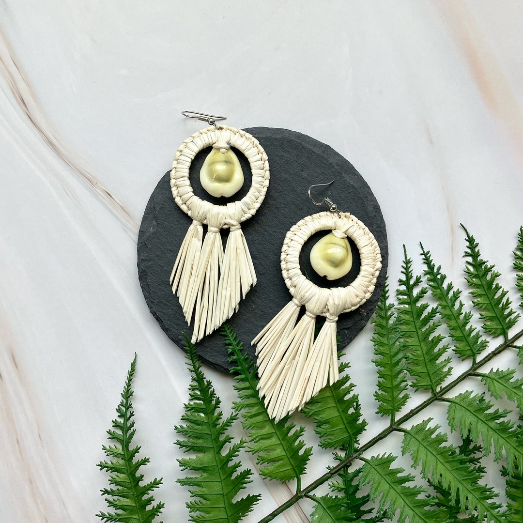 Marshallese Earrings - Money Cowrie Fringed Hoops - Handmade ...