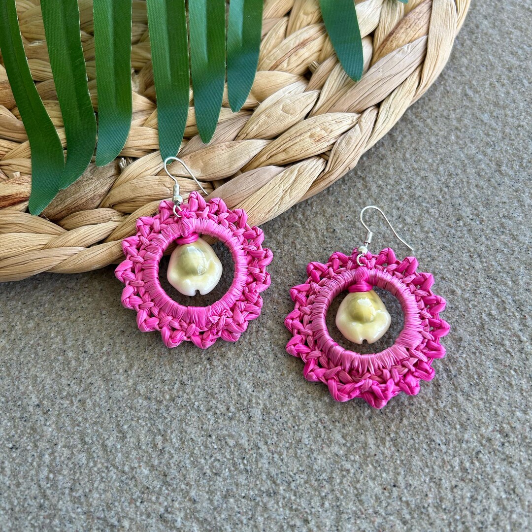 Marshallese Earrings - Lacy Pink Money Cowrie Rounds - Handmade ...