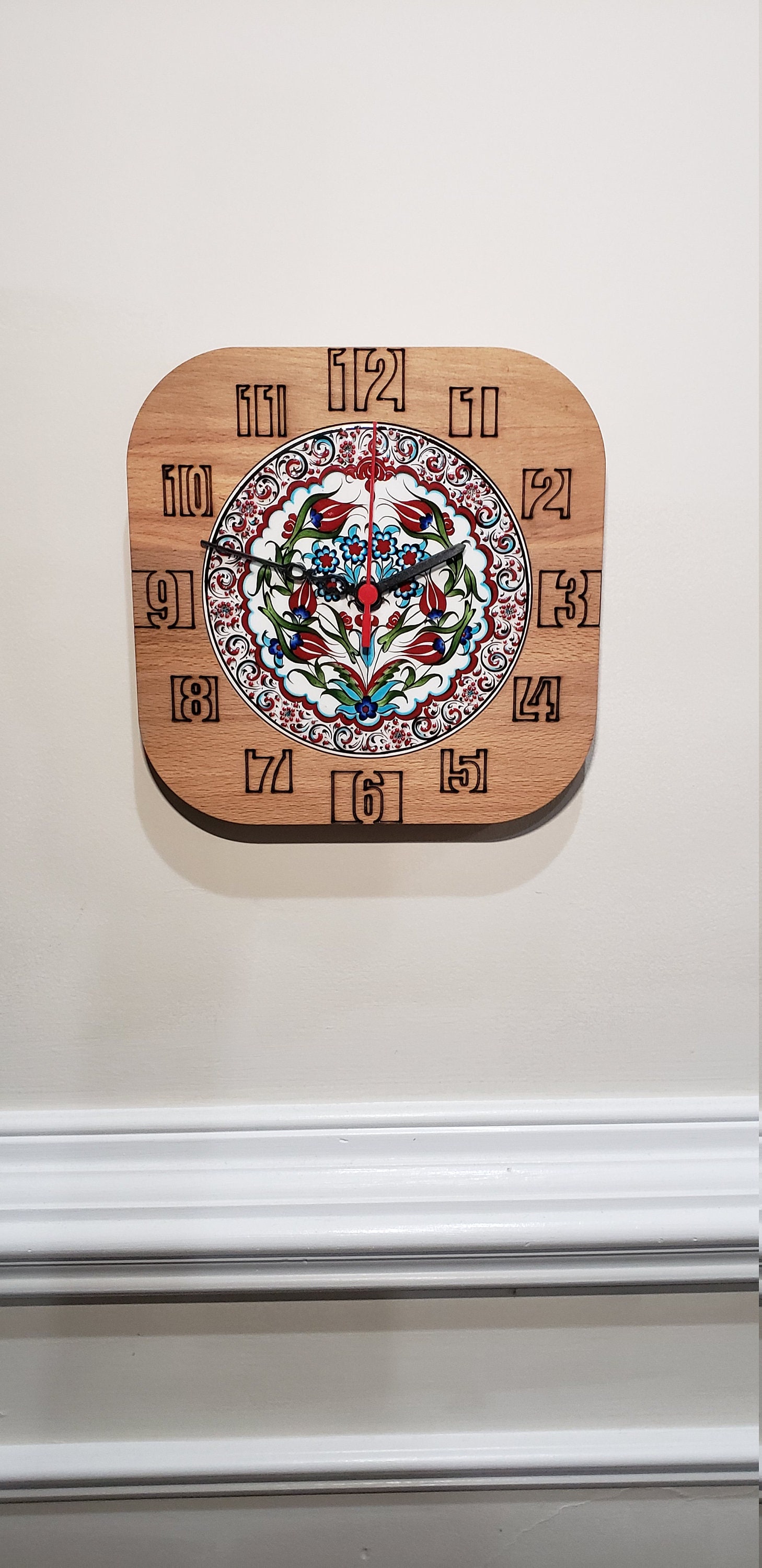 Handpainted Turkish Ceramic Tile Wall Clock With Decorative Wooden ...