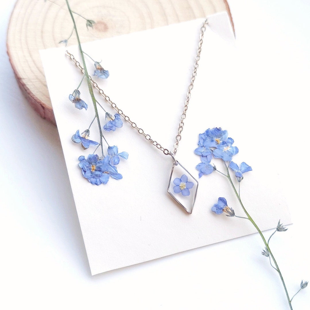 Diamond Shape Forget Me Not Resin Necklace, Real Flower Jewelry, Real ...
