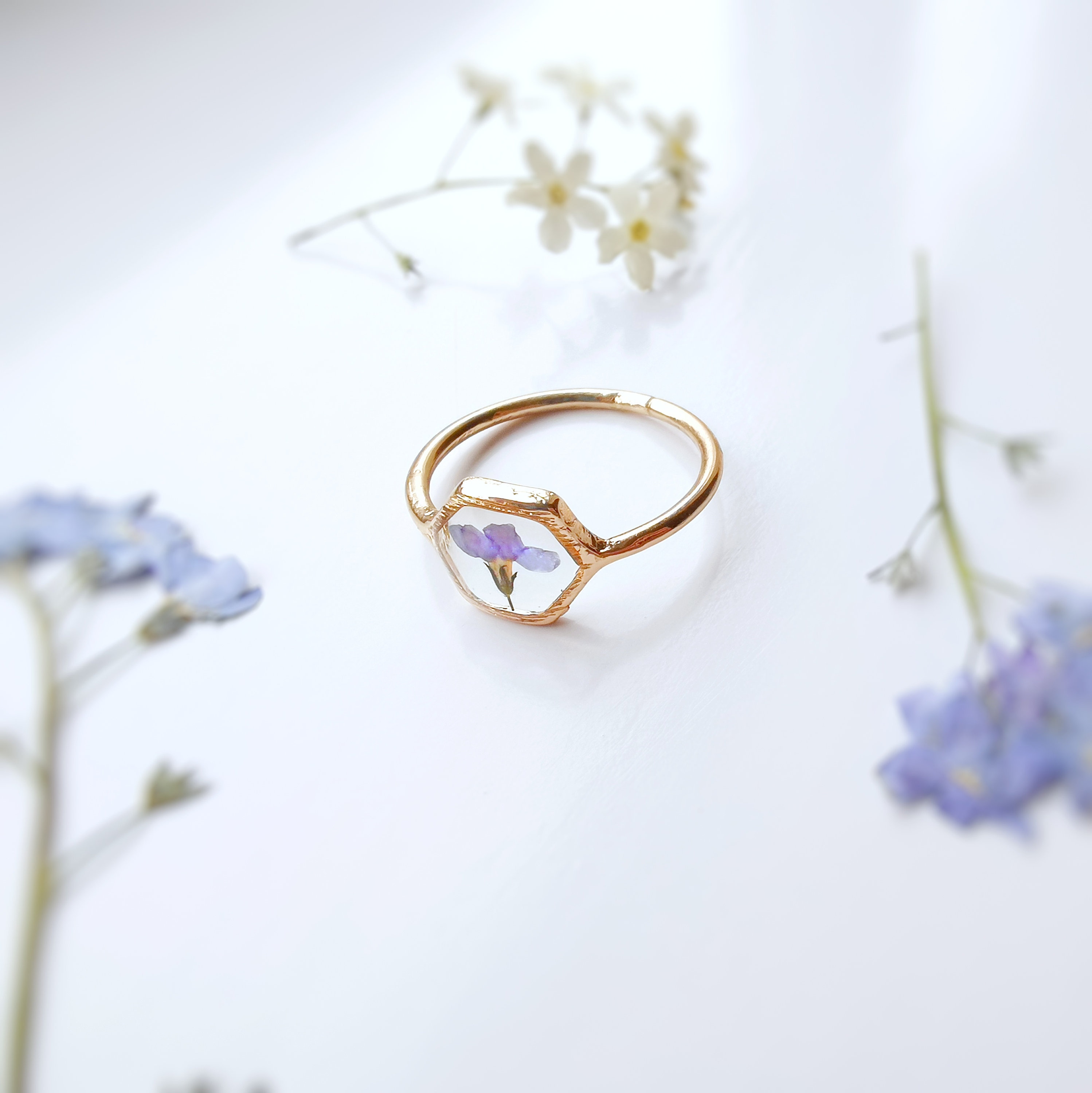 Hexagon Forget Me Not Ring Pressed Forget Me Not Flower Ring - Etsy