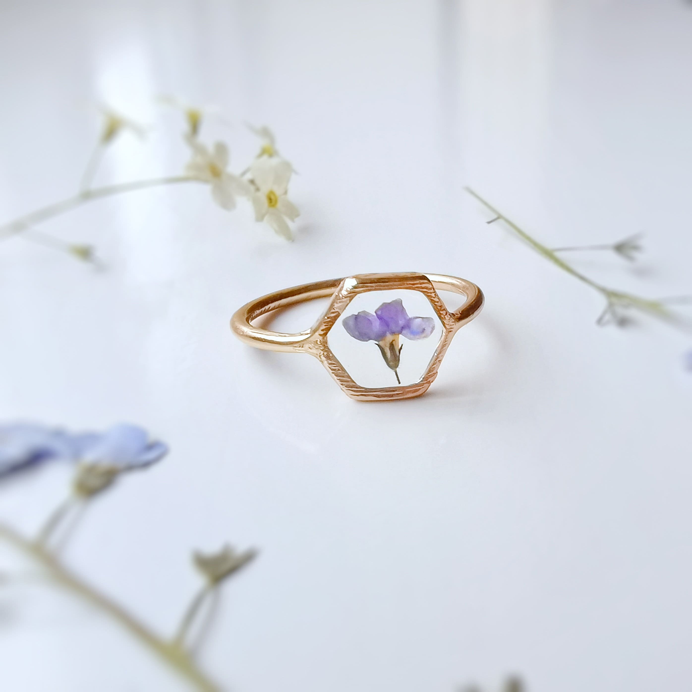 Hexagon Forget Me Not Ring Pressed Forget Me Not Flower Ring - Etsy