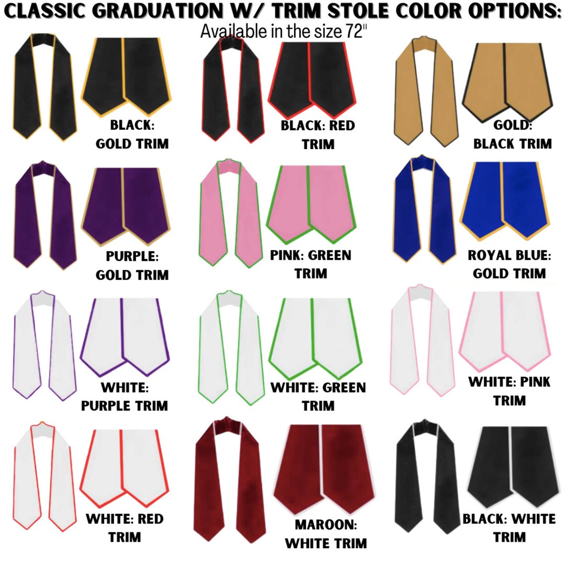 72" Custom Graduation Stole With Trim, Embroidered Graduation Stole ...