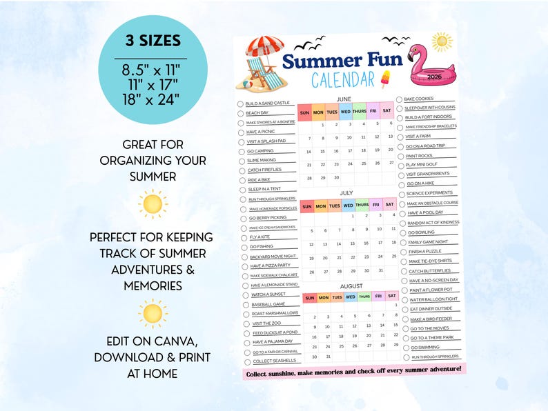 Editable Summer Bucket List Calendar | Family Activity Planner (digital ...