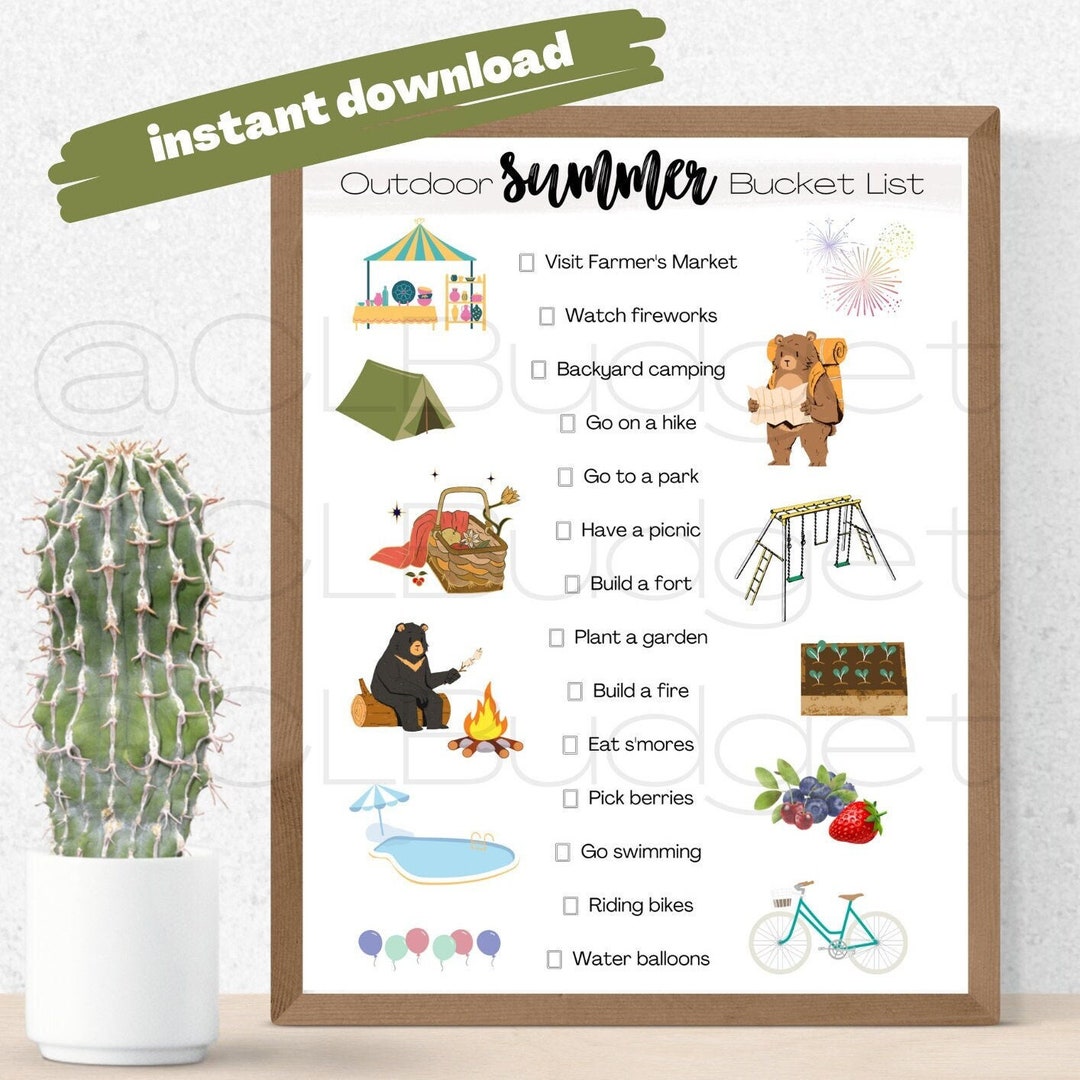 SUMMER BUCKET LIST Printable, Kid Friendly, Instant Download, Outdoor ...