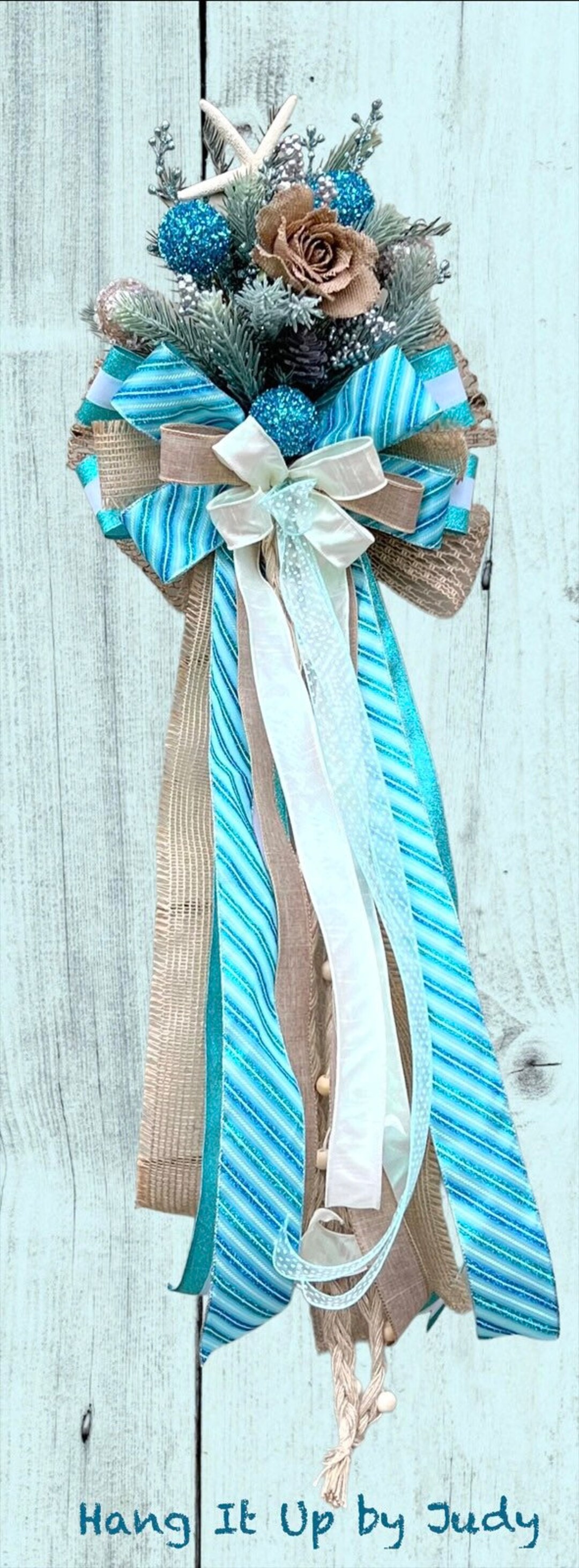 Beach Theme Christmas Tree Topper, Burlap and Turquoise Tree Topper ...