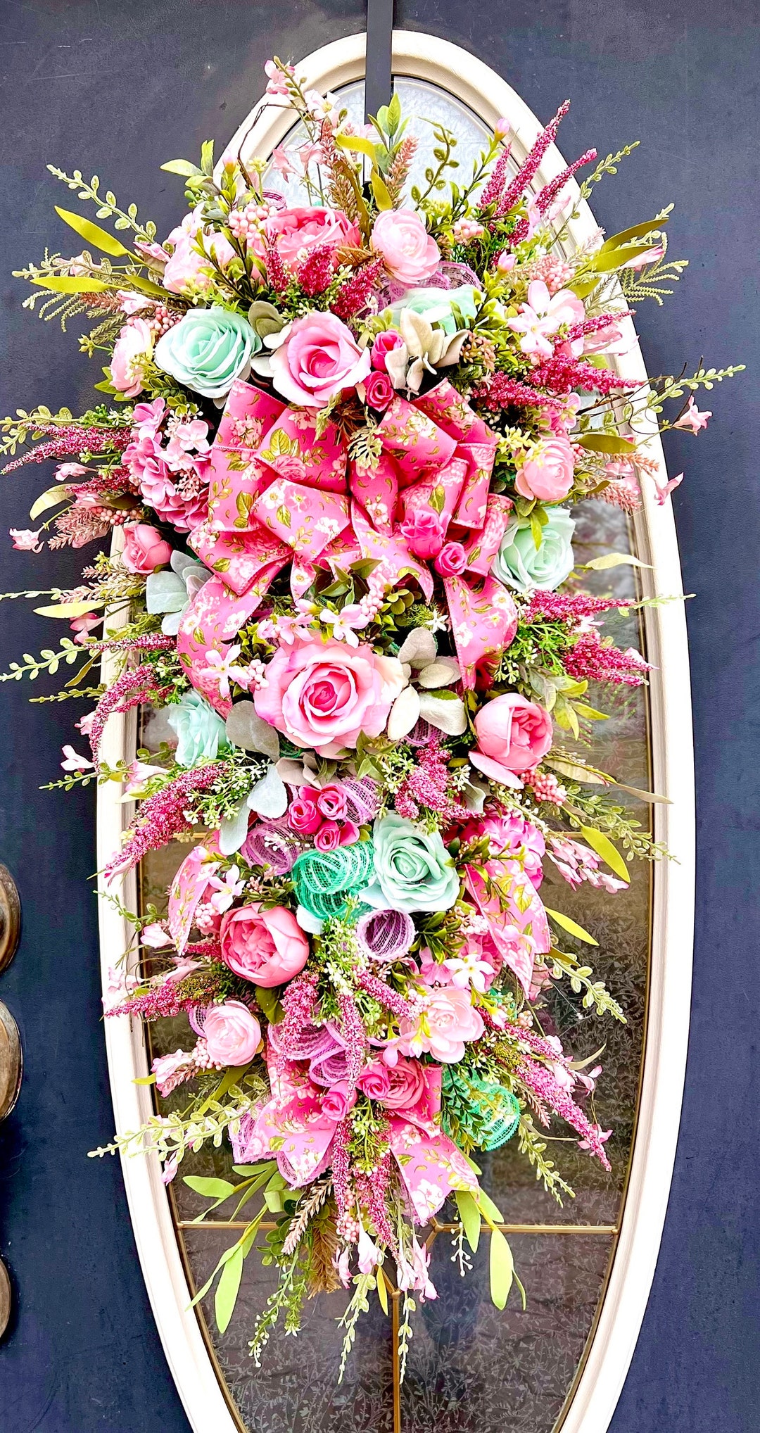 Spring Floral Swag, Spring Wreath, Spring Front Door Decor, Pink Wreath ...