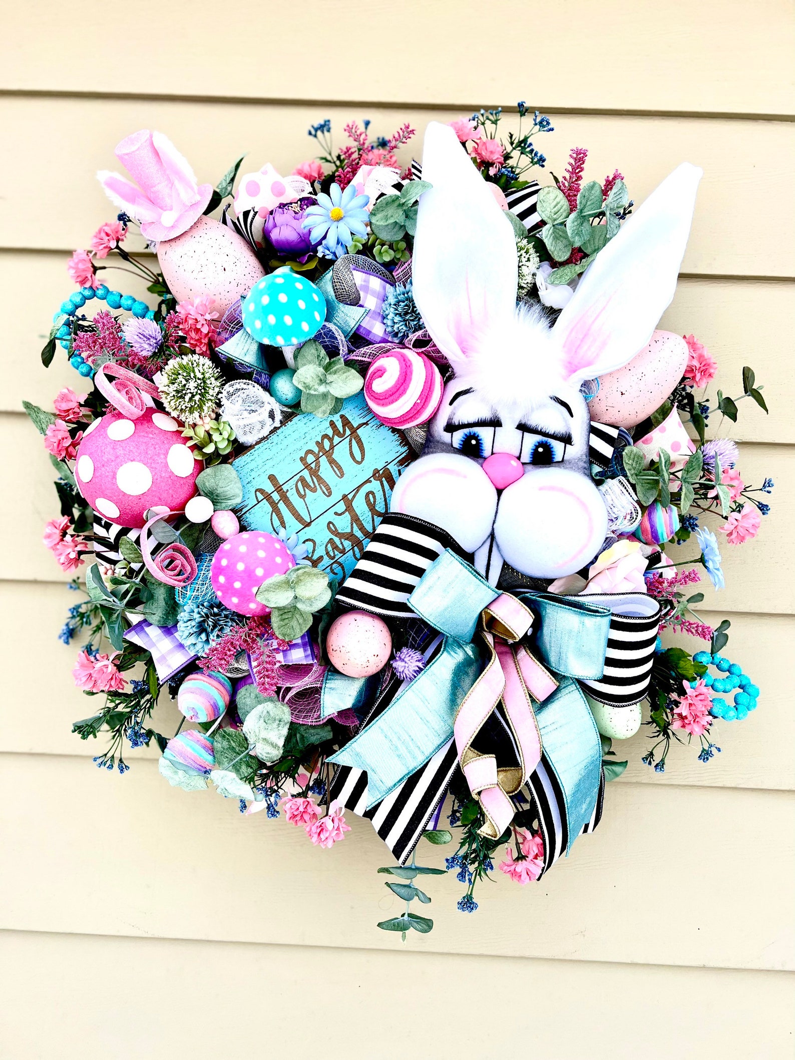 Easter Bunny Face Wreath Pink Blue Purple Decor Easter Porch - Etsy