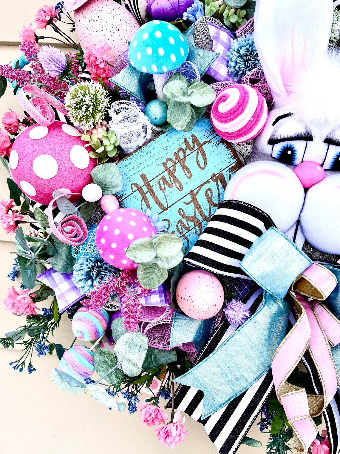 Easter Bunny Face Wreath Pink Blue Purple Decor Easter Porch - Etsy