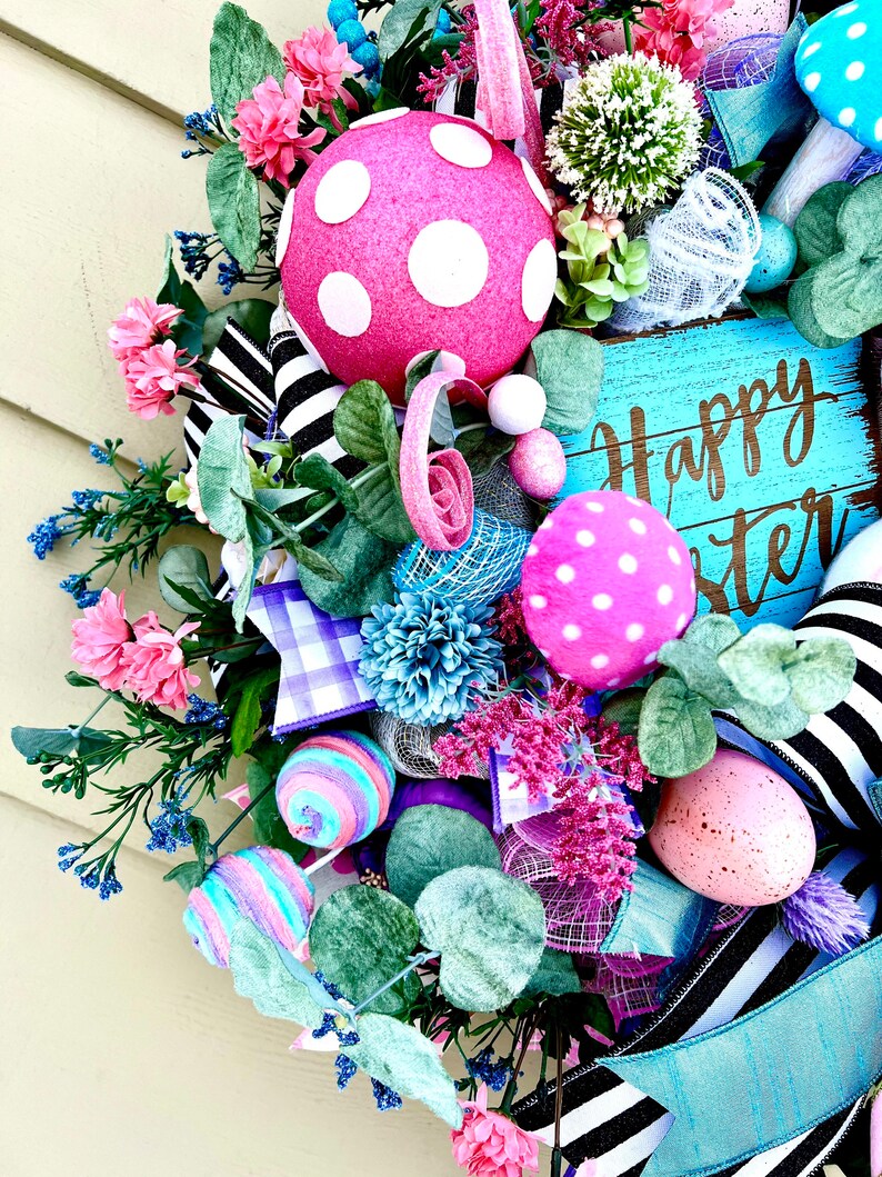 Easter Bunny Face Wreath Pink Blue Purple Decor Easter Porch - Etsy