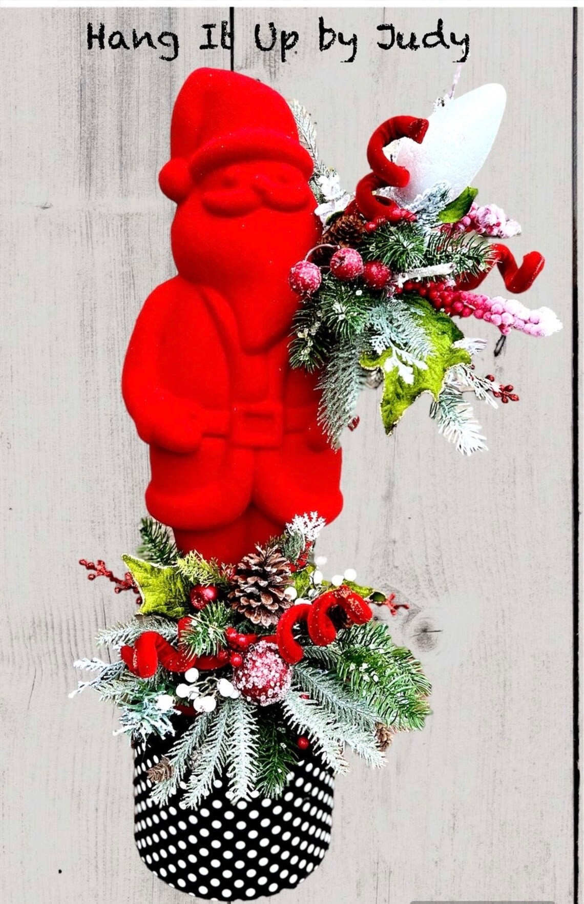 Red Flocked Santa Arrangement, Santa Decor, Santa Claus Decor, Red ...