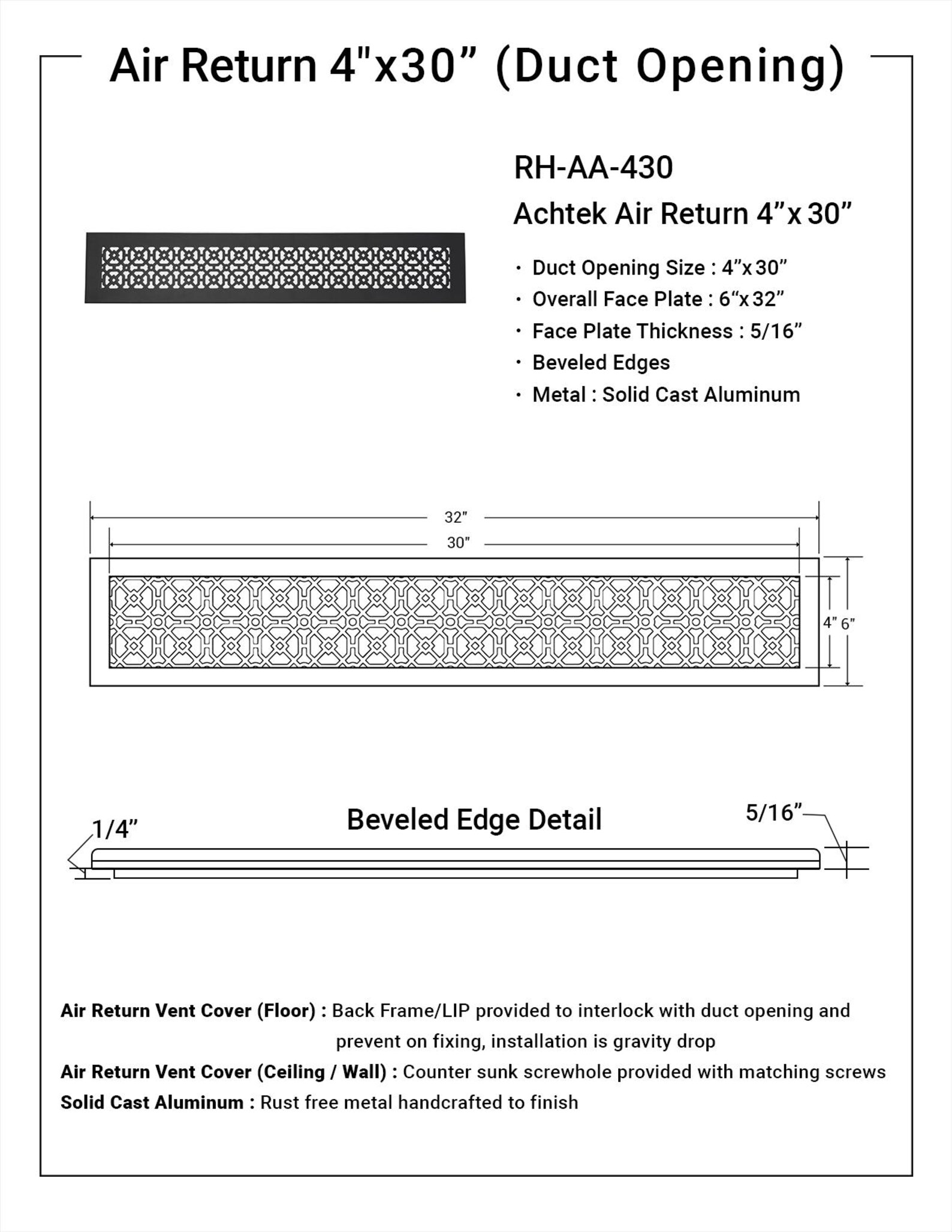 AIR RETURN 4"x30" Duct Opening | Heavy Cast Aluminum Cover Grill (6"x32 ...