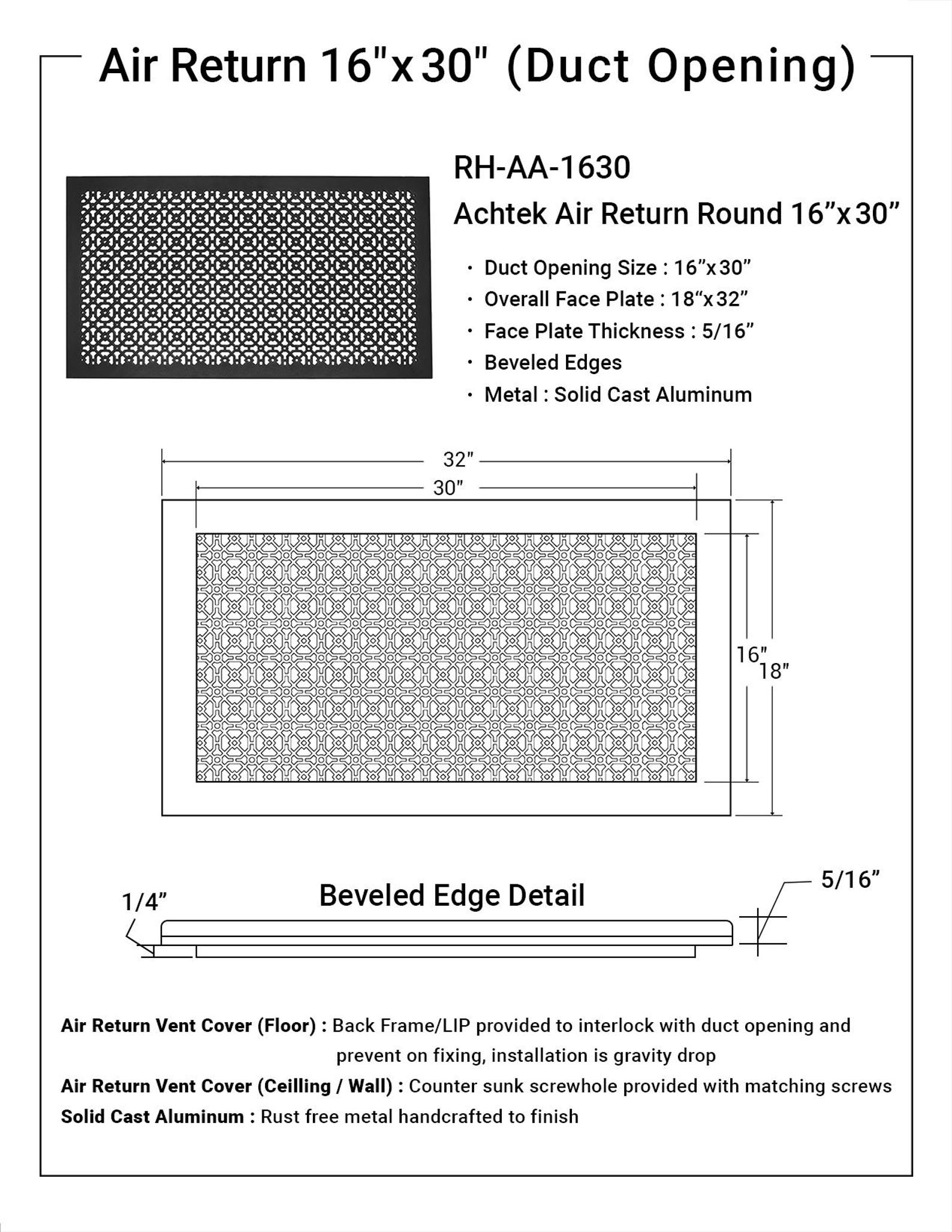 AIR RETURN 16"x30" Duct Opening | Heavy Cast Aluminum Duct Cover (18 ...