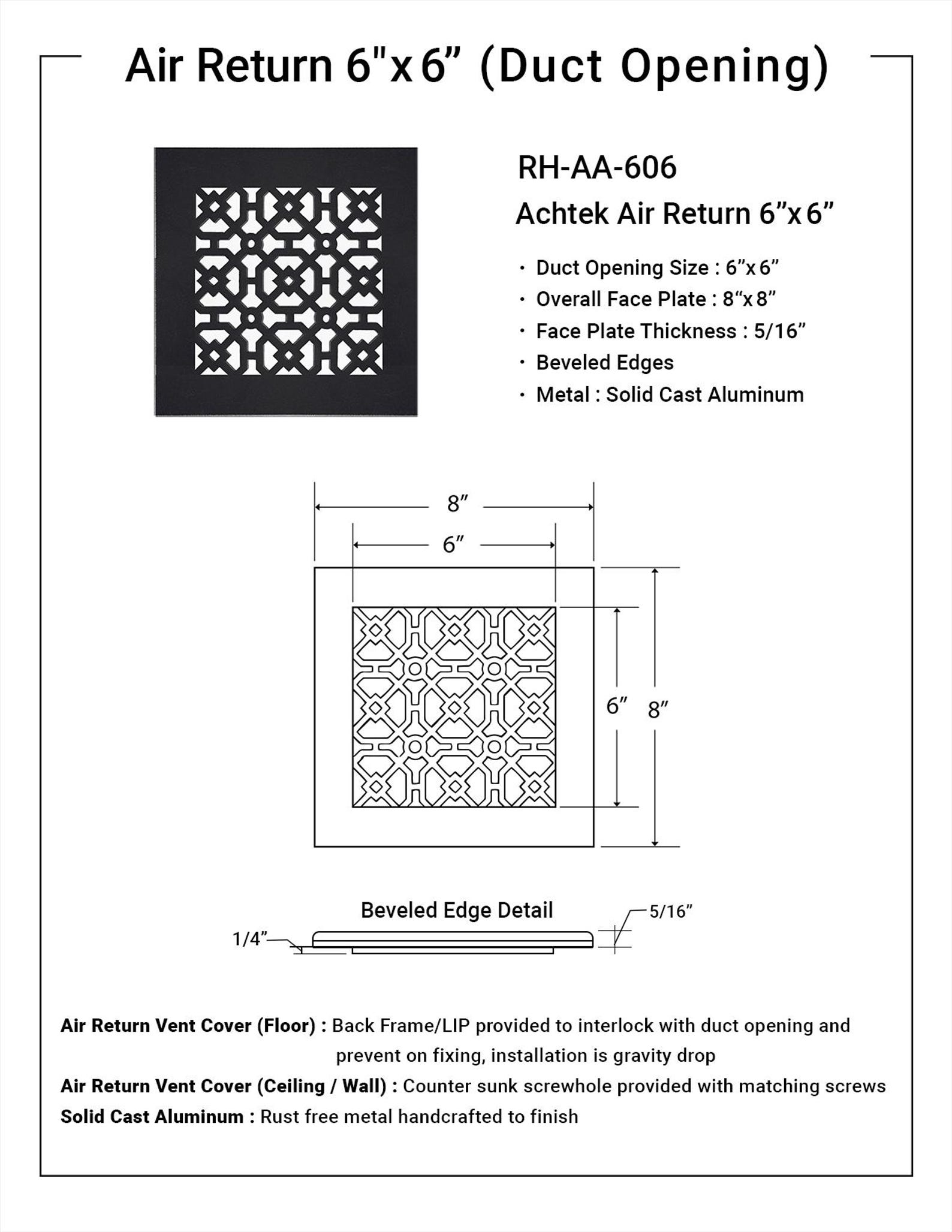 AIR RETURN 6"x6" Duct Opening | Heavy Cast Aluminum Duct Cover (8"x8 ...