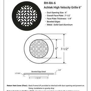 Achtek 6" Duct Opening Solid Cast Aluminum Round Grille ( 7-1/2" Round ...
