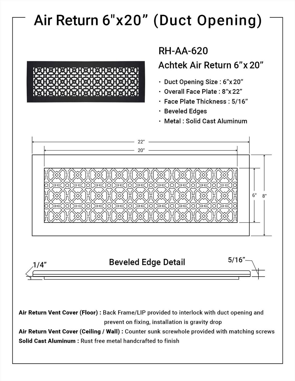 AIR RETURN 6"x20" Duct Opening | Heavy Cast Aluminum Cover Grill (8"x22 ...