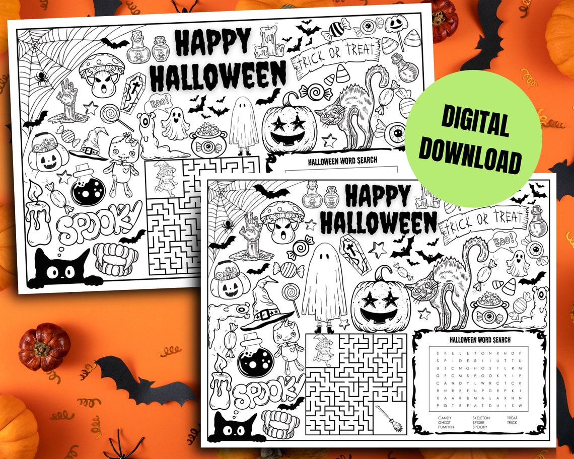 Halloween Themed Printable Coloring and Activity Placemat for Kids ...