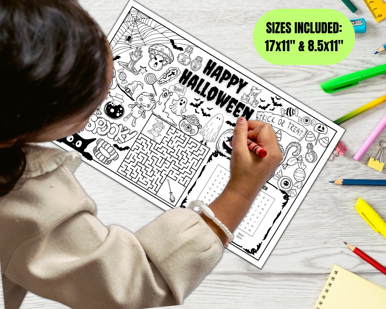 Halloween Themed Printable Coloring and Activity Placemat for Kids ...