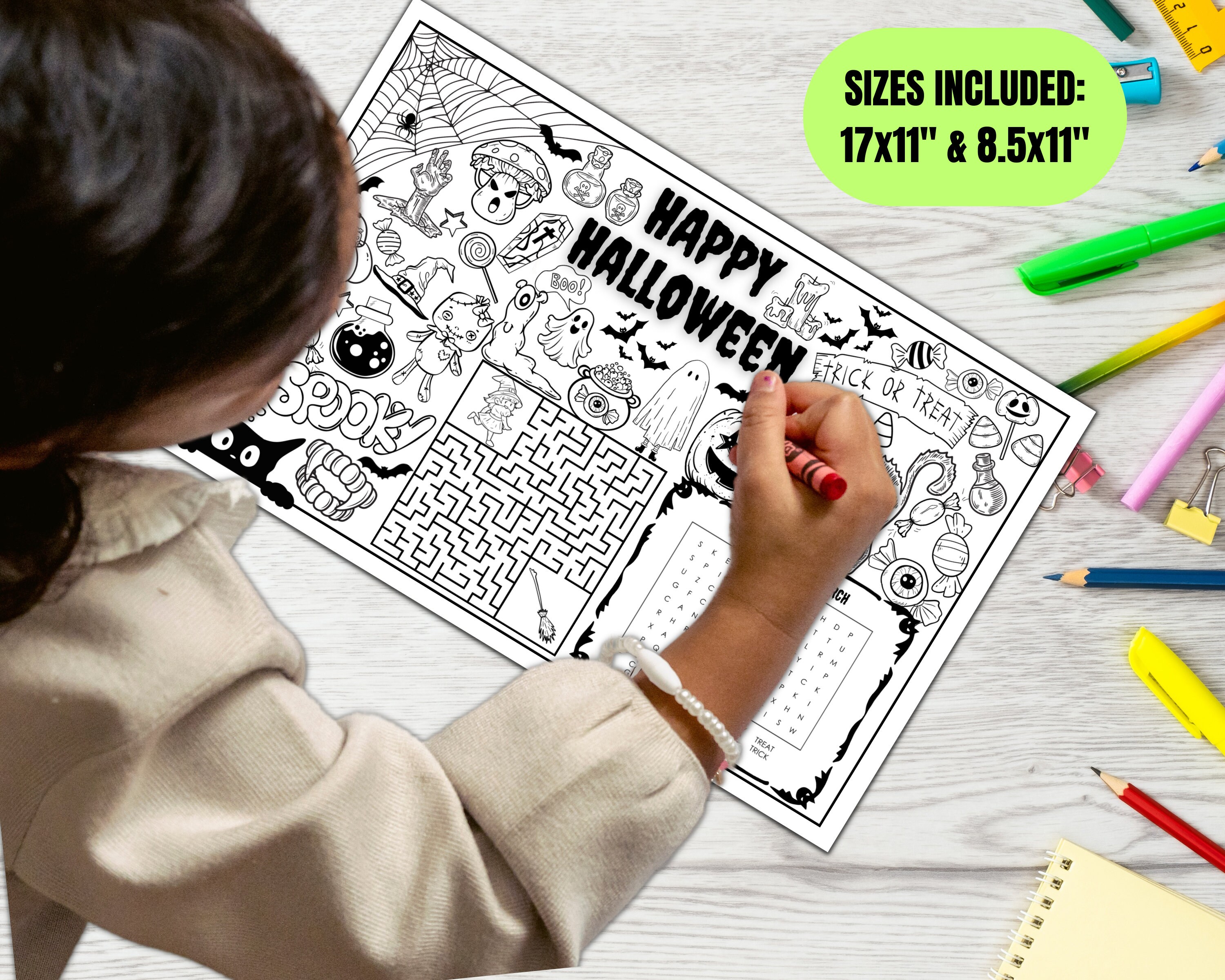 Halloween Themed Printable Coloring and Activity Placemat for Kids ...