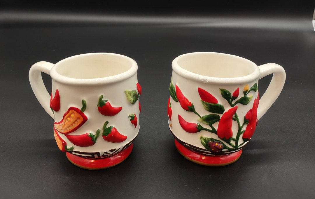 Vintage Chili Pepper Mugs, Set of 2 Ceramic Mugs With 3D Red Chili ...