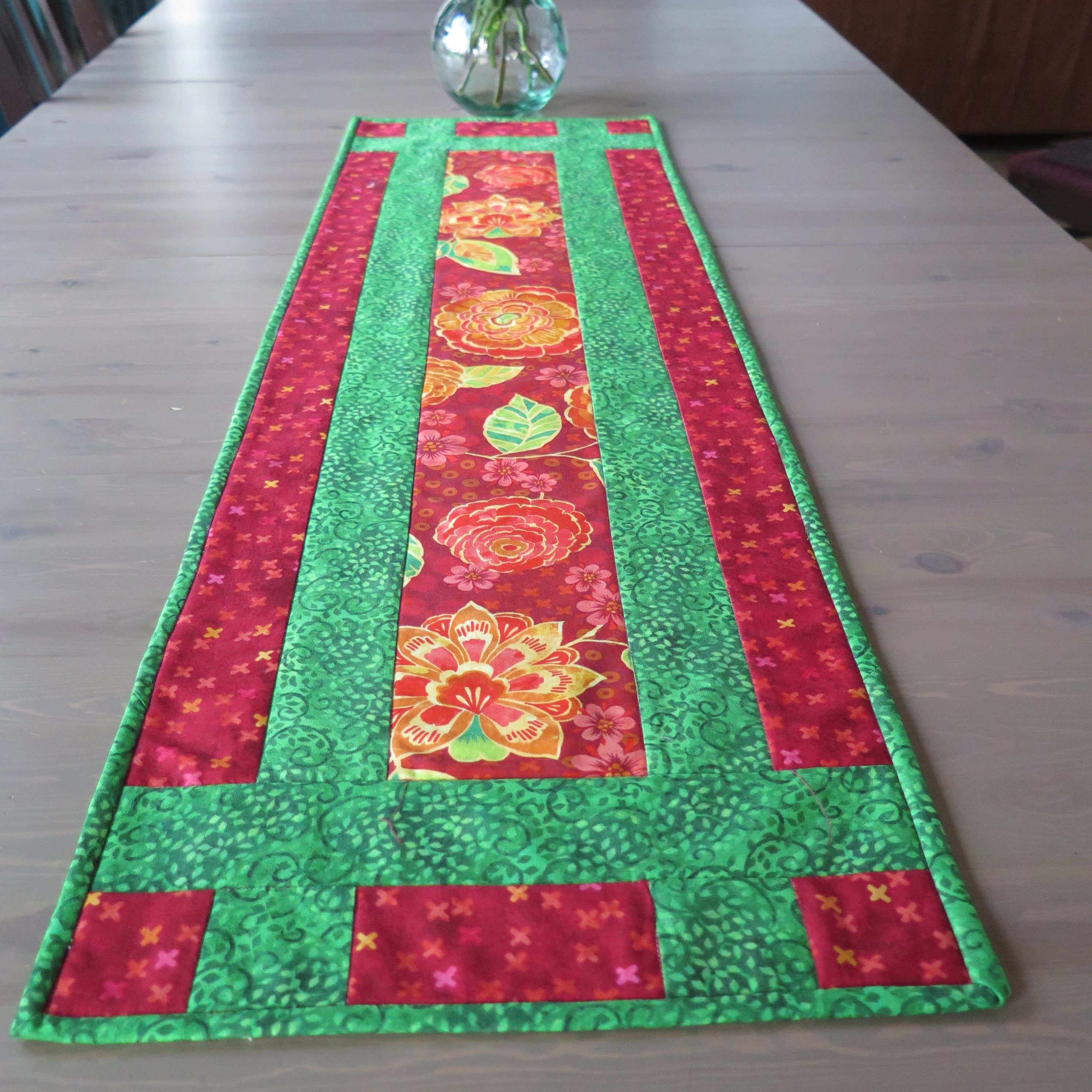 Handmade Quilted Red and Green Table Runner Colorful Flower Furniture ...