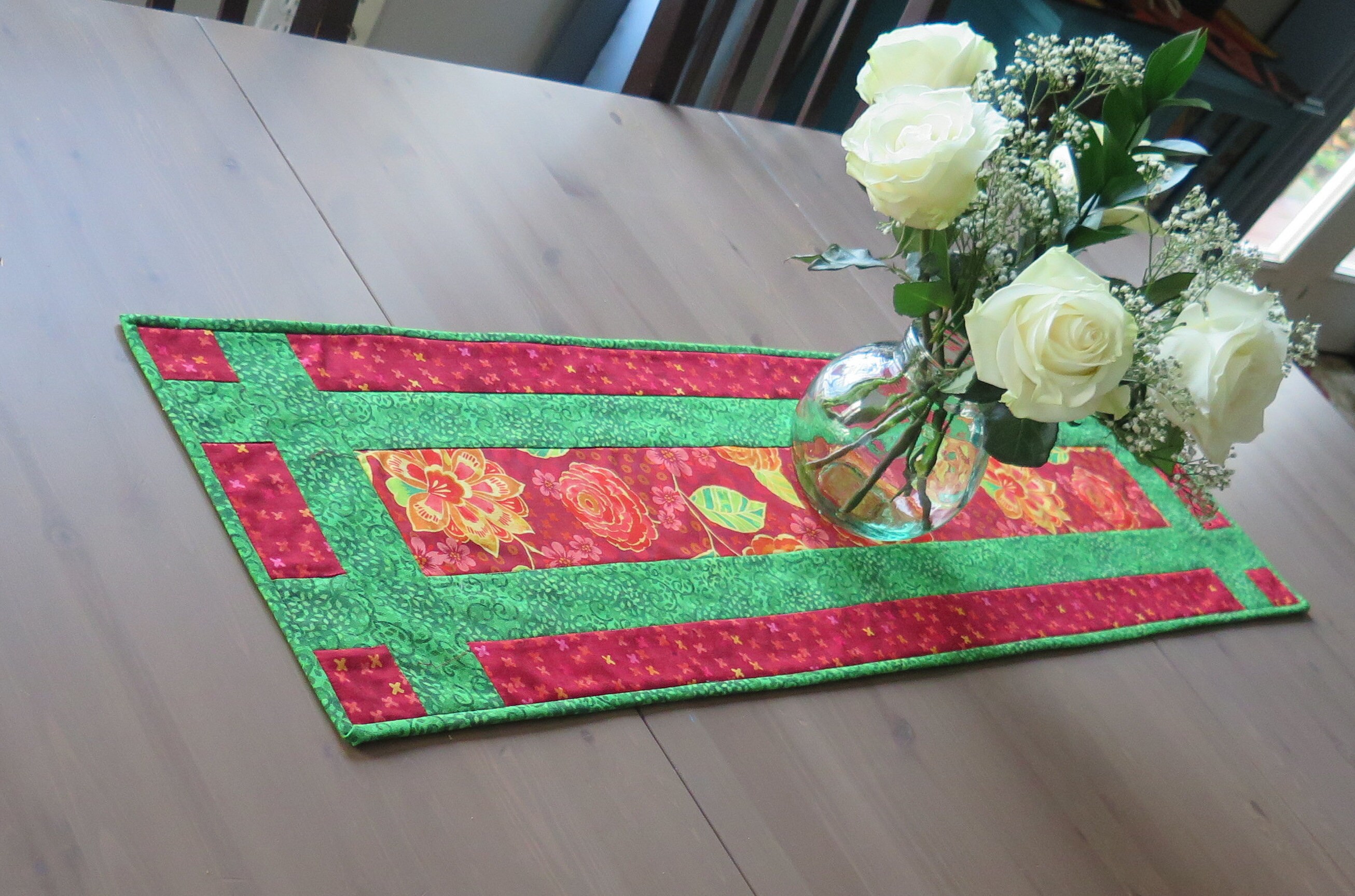 Handmade Quilted Red and Green Table Runner Colorful Flower Furniture ...